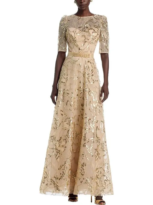 Rickie Freeman For Teri Jon Sequined Embroidered Tulle Gown - Gold