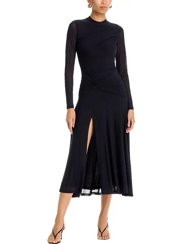 WAYF Selene Ruched Long Sleeve Dress - Black