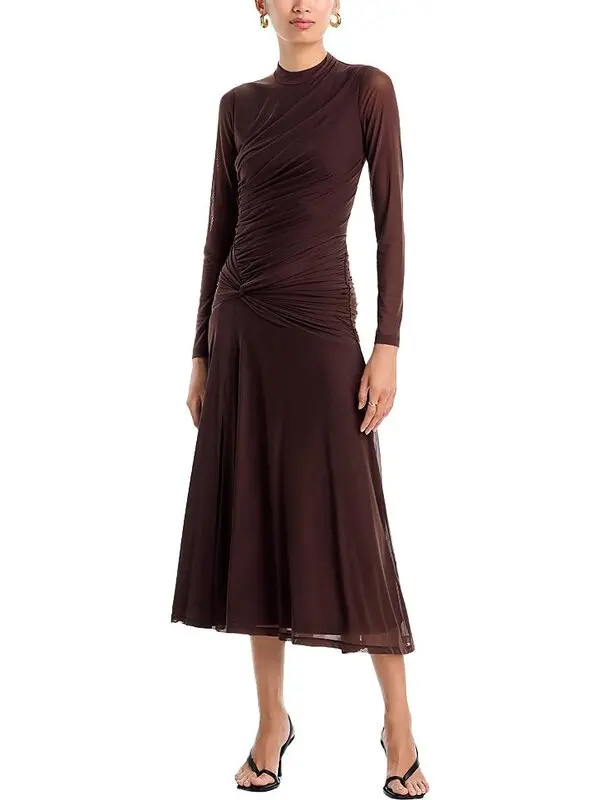 WAYF Selene Ruched Long Sleeve Dress - Chocolate