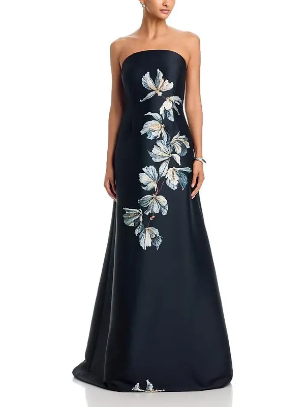 Rickie Freeman For Teri Jon Mikado Strapless Gown With Floral Motif - Black Multi