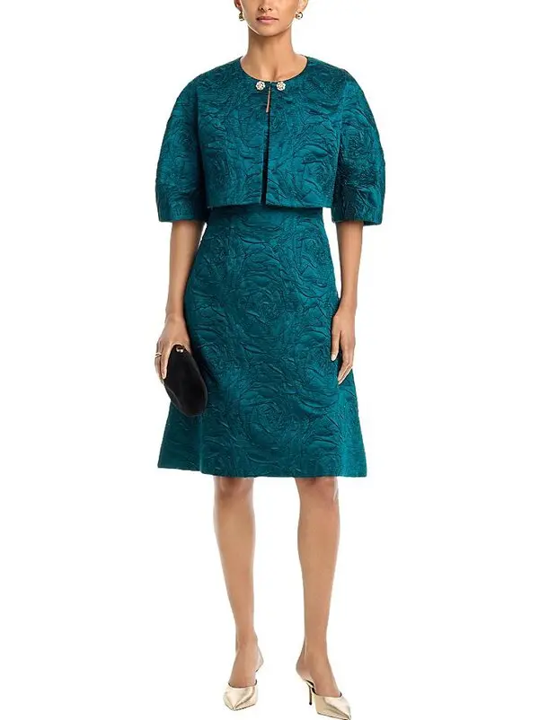 Rickie Freeman For Teri Jon Jacquard Embossed Bolero With Rhinestone Buttons - Emerald