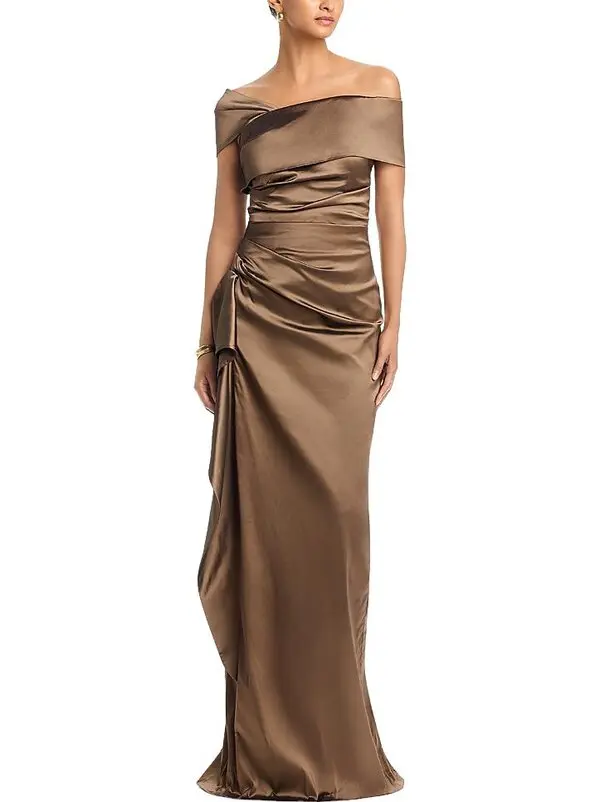 Rickie Freeman For Teri Jon Asymmetrical Draped Taffeta Gown - Bronze