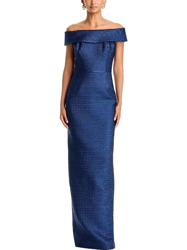 Rickie Freeman For Teri Jon Off-the-shoulder Basket Weave Jacquard Gown - Sapphire