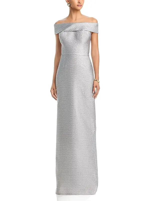Rickie Freeman For Teri Jon Off-the-shoulder Basket Weave Jacquard Gown - Silver