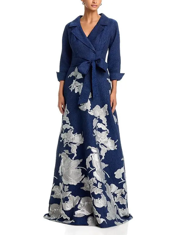 Rickie Freeman For Teri Jon Textured Metallic Jacquard Gown - Navy Silver