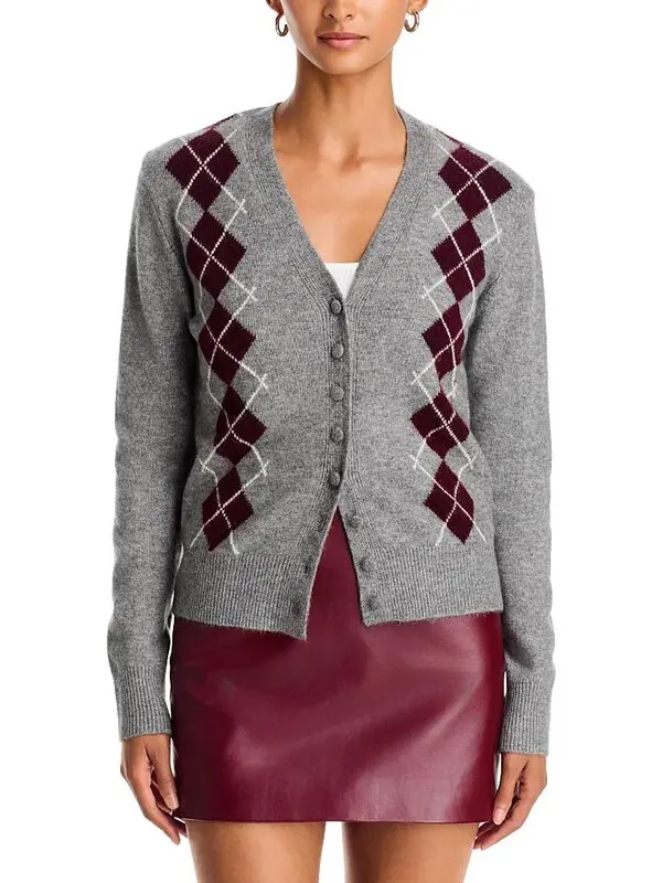 WAYF Elizabeth Argyle Cardigan Sweater - Grey/maroon