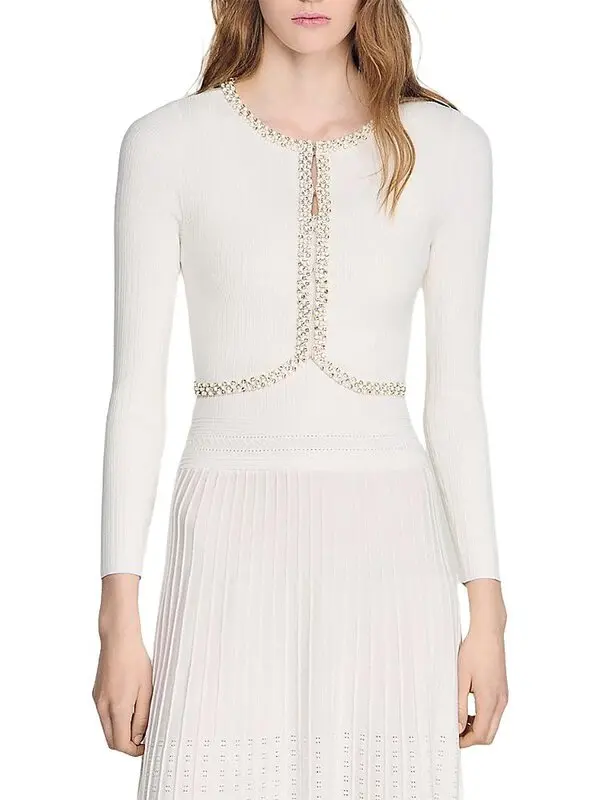 Sandro Cropped Embellished Cardigan - White