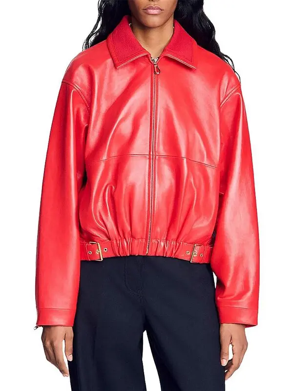 Sandro Zip Front Leather Jacket - Red