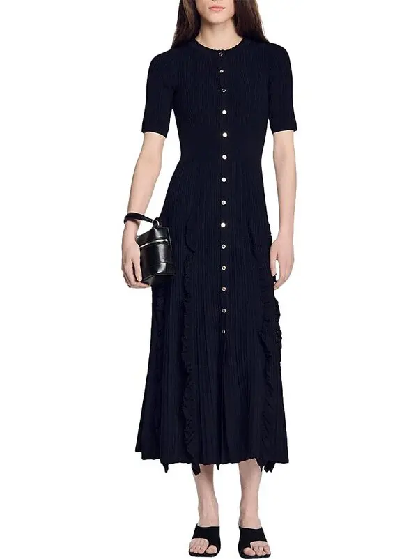 Sandro Pietrarose Ruffled Knit Maxi Dress - Black