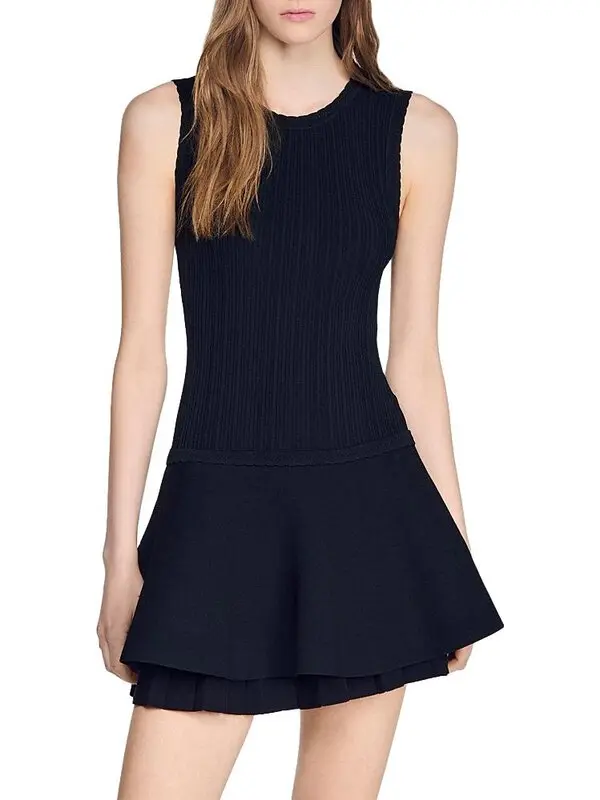 Sandro Tamara Knit Mini Dress With Ruffled Skirt - Black
