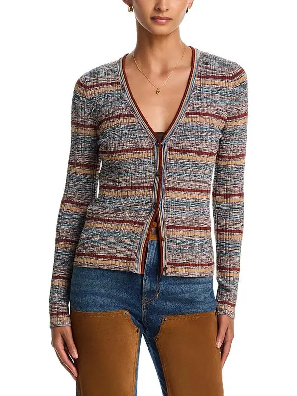 Veronica Beard Long Sleeve Striped Cardigan - Rust Multi