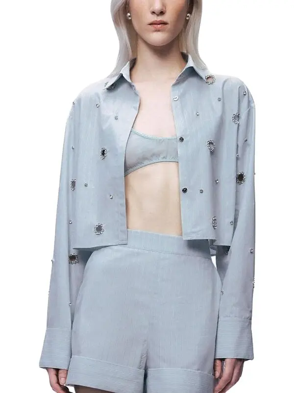 NOCTURNE Embellished Stone Detail Cropped Shirt - Turquoise
