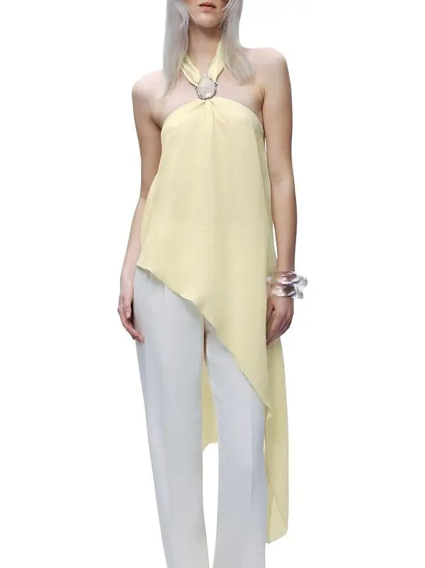 NOCTURNE Sleeveless Halter Blouse With Asymmetrical Drape - Yellow