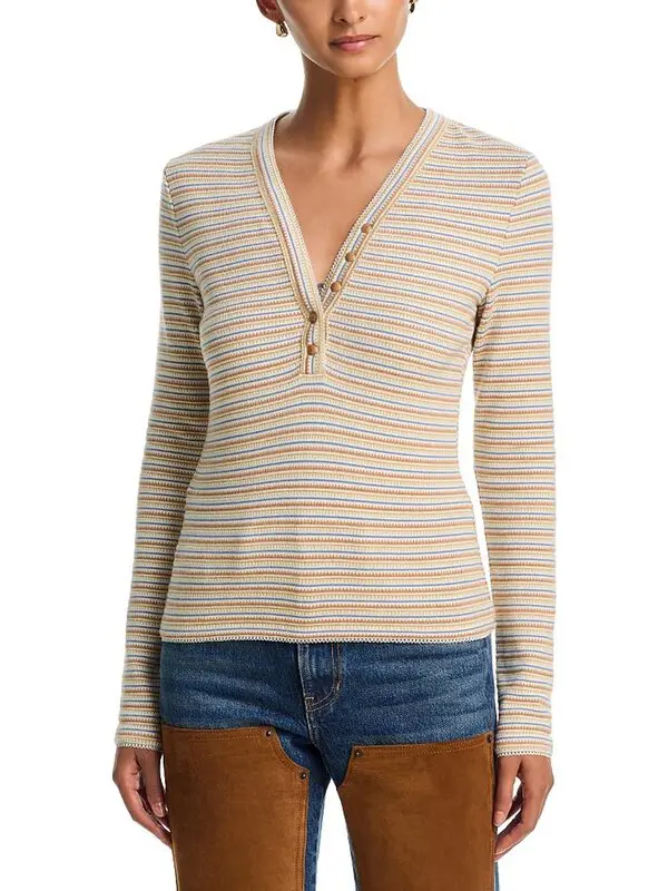 Veronica Beard Striped Henley Top - Rust Multi