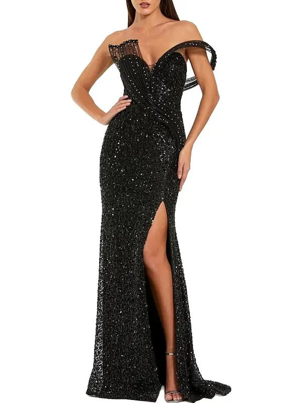 Mac Duggal Petite Sequin Gown With Sculptural Off-shoulder Detail - Black