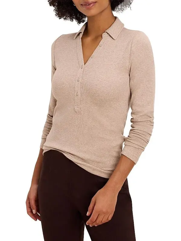 NIC+ZOE Perfect Rib Knit Long Sleeve Polo - Malt