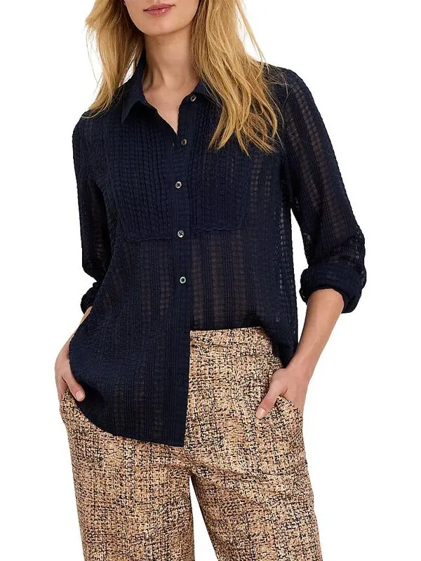 NIC+ZOE Chiffon Jacquard Tuxedo Shirt - Dark Indigo