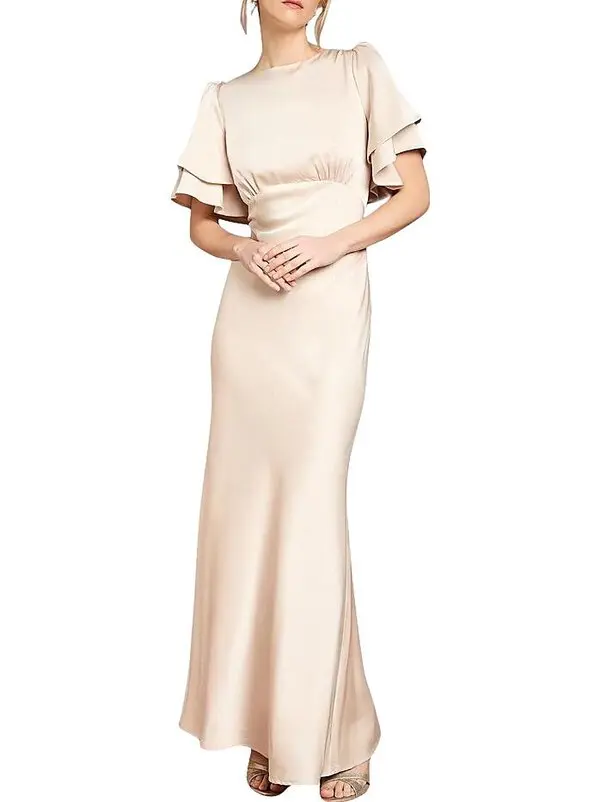 Coast High Neck Crepe Maxi Dress With Draped Sleeves And Open Back - Champagne