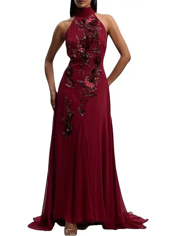 Karen Millen Halterneck Embellished Maxi Dress - Wine