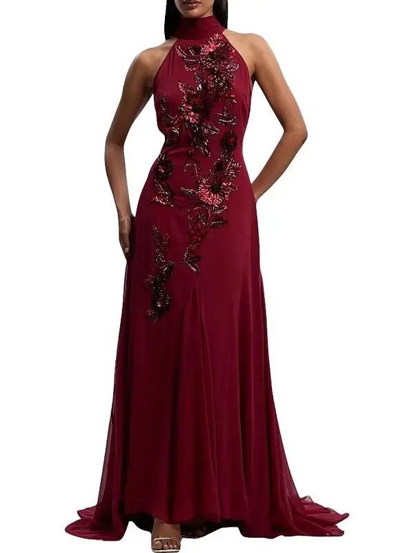 Karen Millen Embellished Halterneck Maxi Dress - Wine