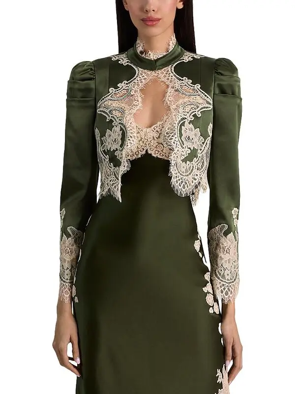 Alice + Olivia Thomasina Puff Sleeve Lace Trim Cropped Jacket - Dark Fern