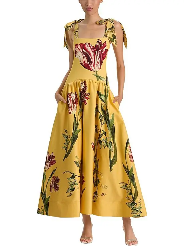 Alice + Olivia Oriana Tie Strap Drop Waist Midi Dress With Floral Print - Soft Tulip