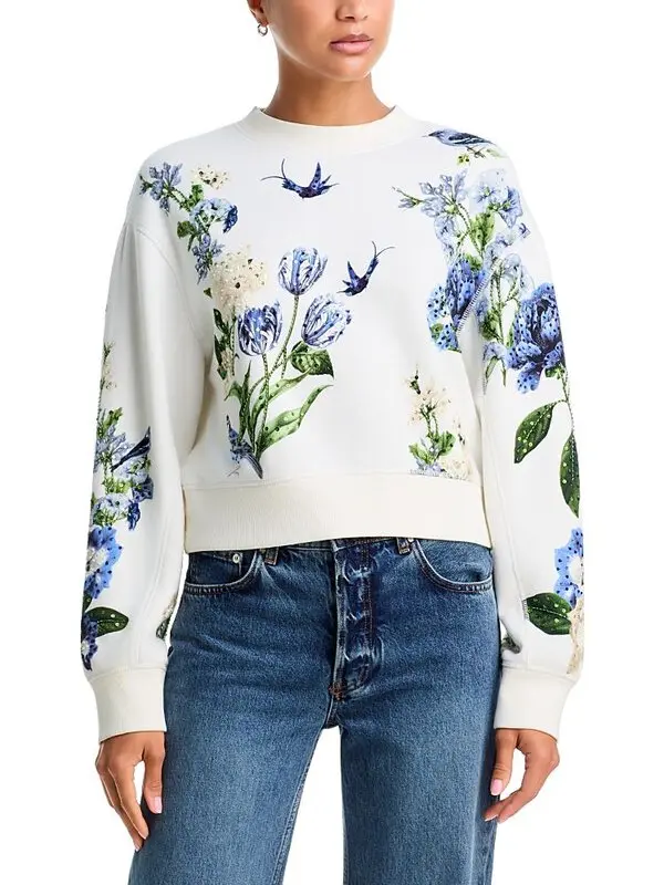 Alice + Olivia Russell Cotton Embellished Sweatshirt With Floral And Bird Print - Fly Away