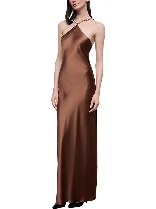 Staud Cadence Satin Halter Maxi Dress - Cigar