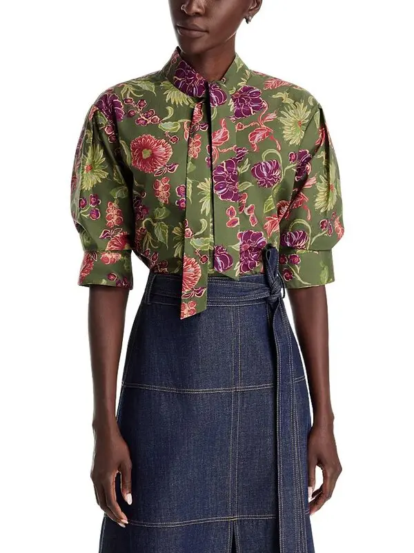 Tanya Taylor Anna Floral Tie Neck Top - Army Multi