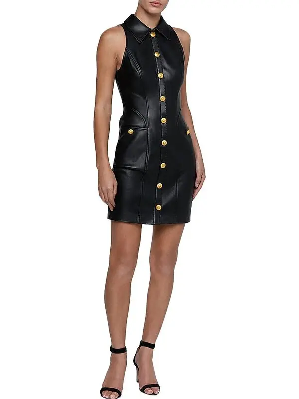 L'Agence Faux Leather Collared Mini Dress - Black