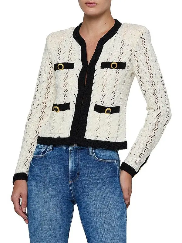 L'Agence Zephyra Cont Pointelle Cardigan Sweater - Ivory/black