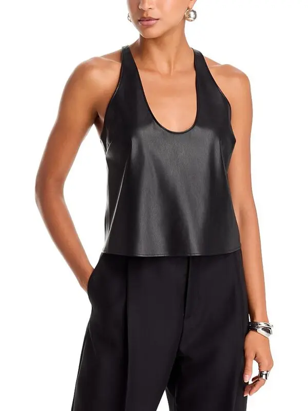 L'Agence Racerback Scoop Neck Faux Leather Top - Black