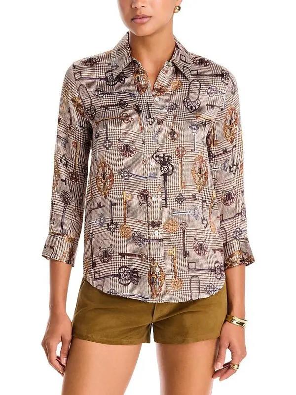 L'Agence Dani Printed Silk Button-up Shirt - Brown Multi Houndstooth