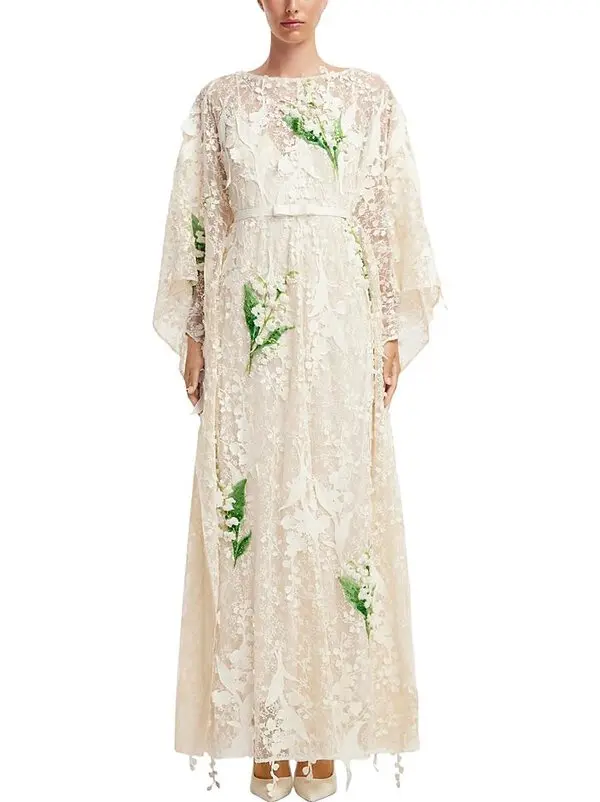 LEO LIN Embellished Lace Kaftan Maxi Dress - Snow