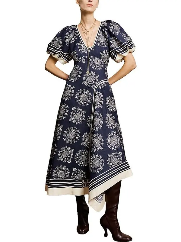 ALEMAIS Banderra Linen Midi Dress With Bubble Sleeves - Ink