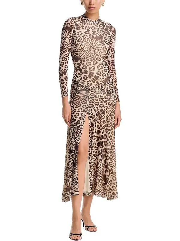 Bardot Lea Mesh Midi Dress With Tiger Print And Ruching - Leopard