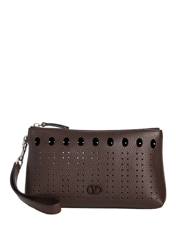 Valentino Garavani Vlogo Perforated Leather Pouch - Dark Brown