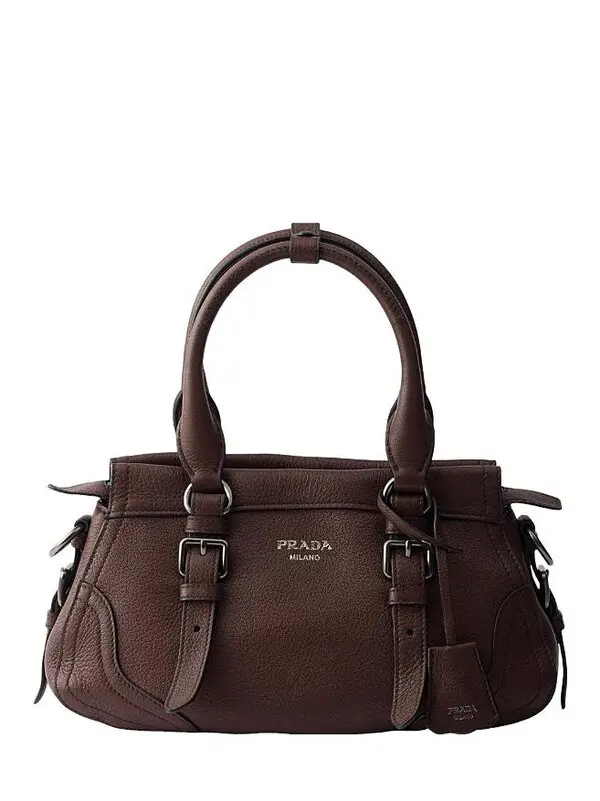 Prada Large Leather Tote Bag With Deerskin Shoulder Strap - Brown