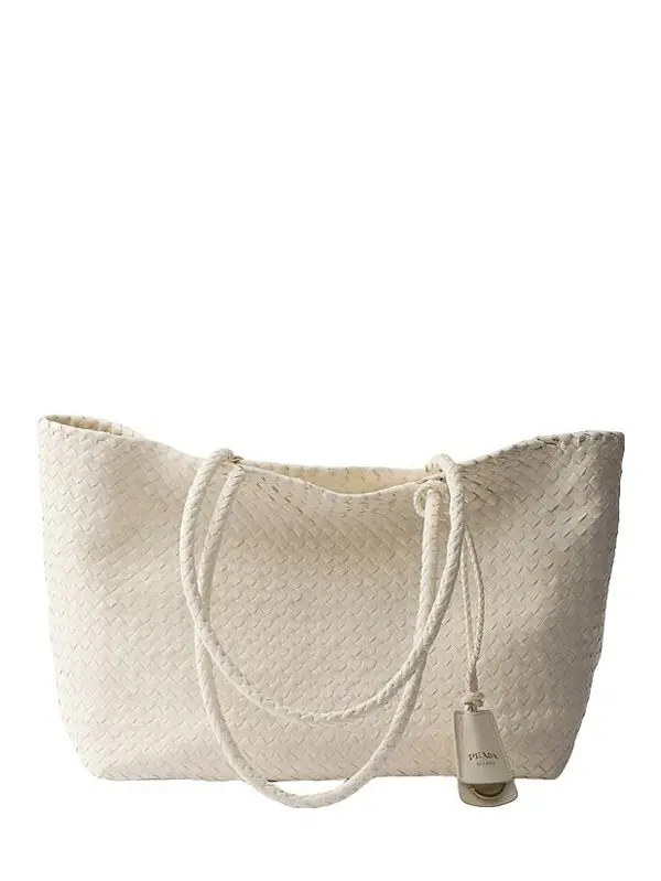 Prada Large Woven Leather Tote Bag - White