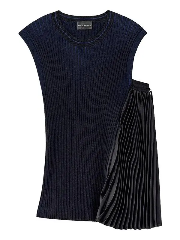 Emporio Armani Asymmetrical Ribbed Knit Top With Pleated Detail - Black