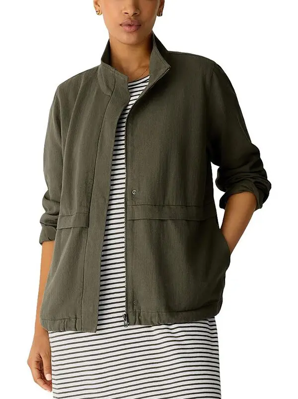 Eileen Fisher Zip-up Cotton & Linen Jacket - Olive