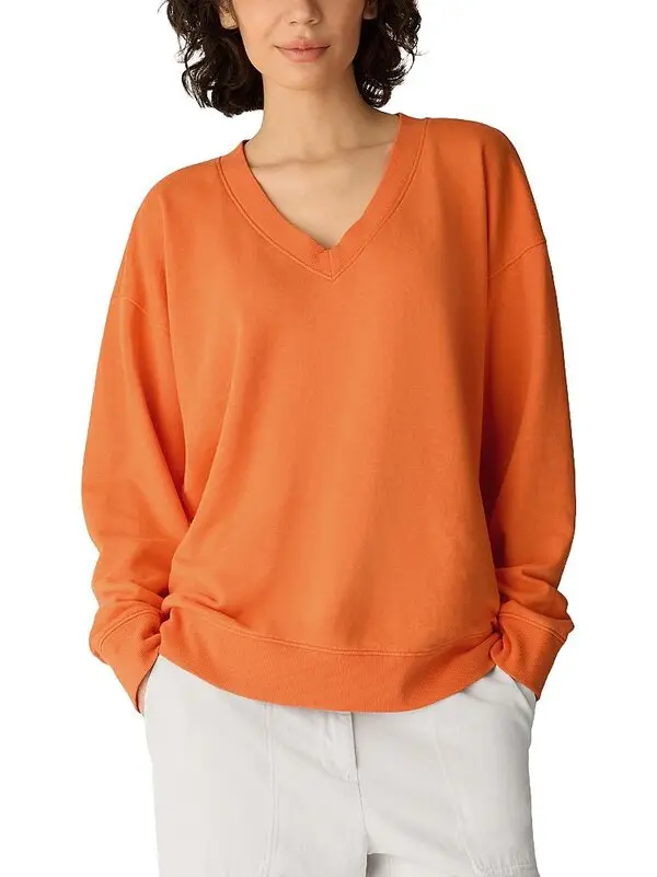 Eileen Fisher Long Sleeve V-neck Cotton Sweatshirt - Clementine