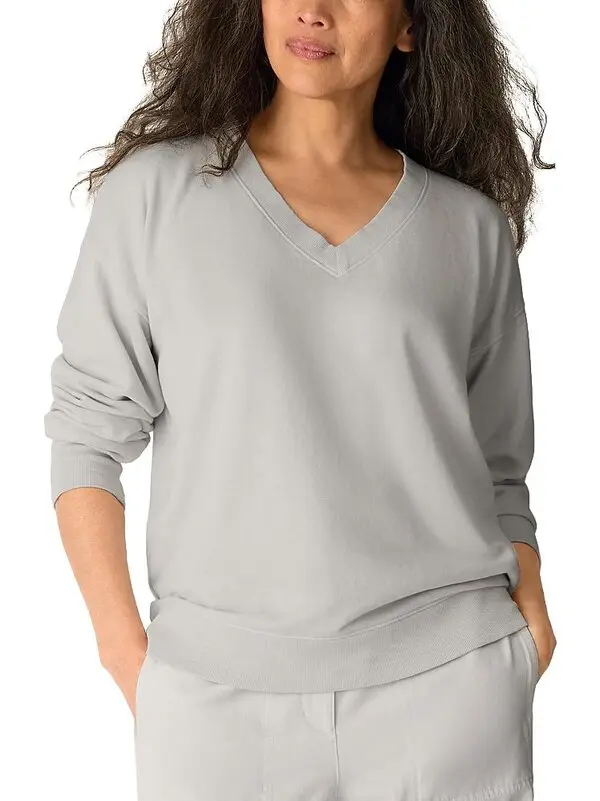 Eileen Fisher Long Sleeve V-neck Cotton Sweatshirt - Plaster