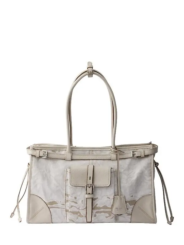 Prada Large Printed Linen And Leather Handbag - White