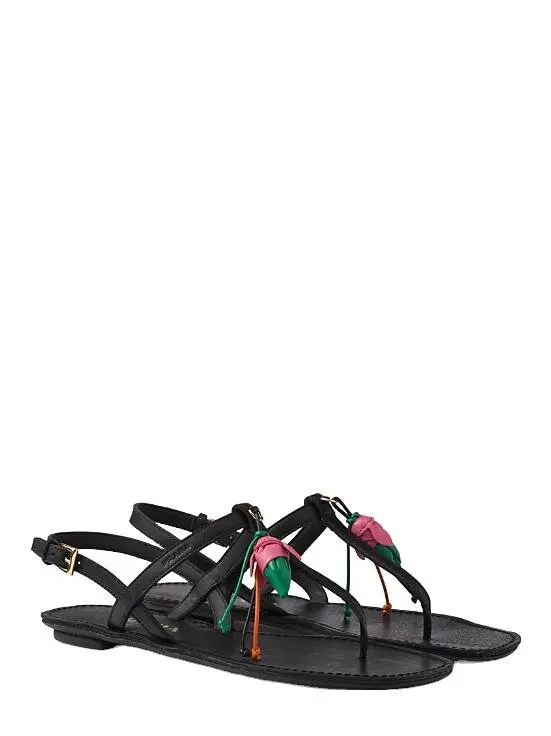 Prada Antiqued Leather Thong Sandals With Floral Ornament - Black