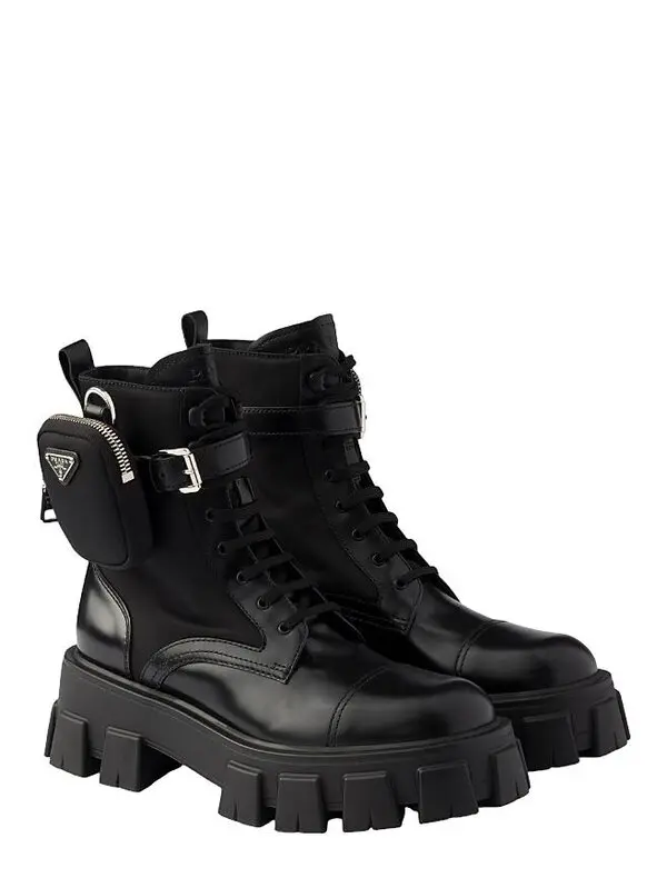 Prada Monolith Leather And Re-nylon Boots With Pouch - Black