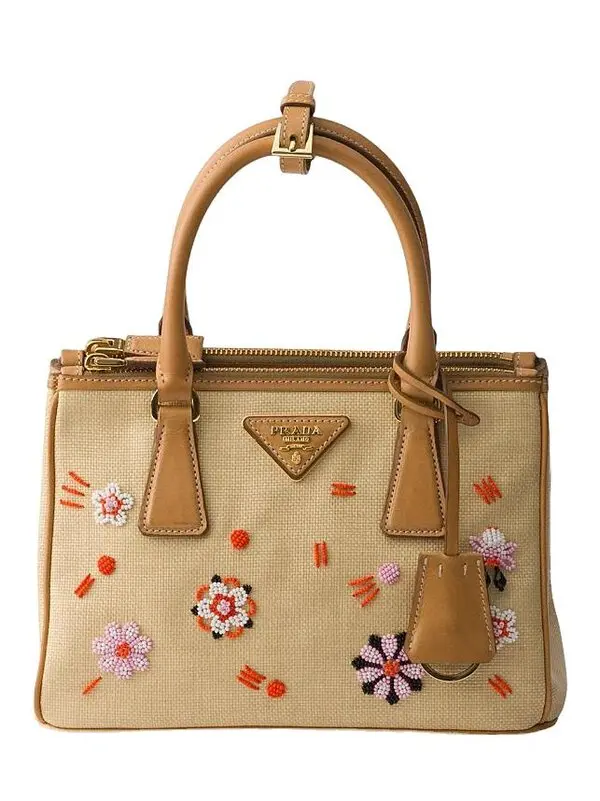 Prada Small Galleria Canvas And Leather Embroidered Bag - Neutral