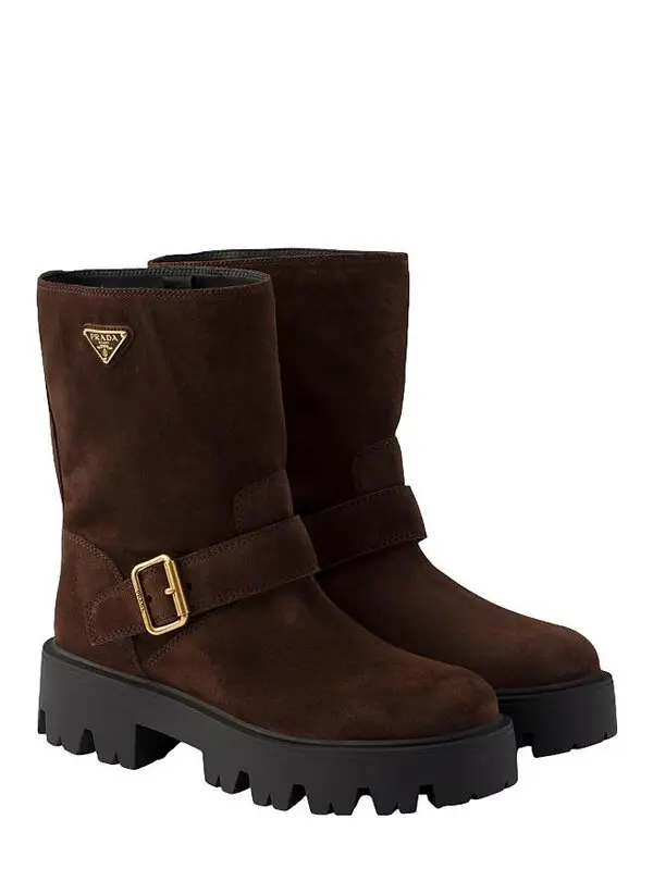 Prada Suede Buckled Boots - Brown