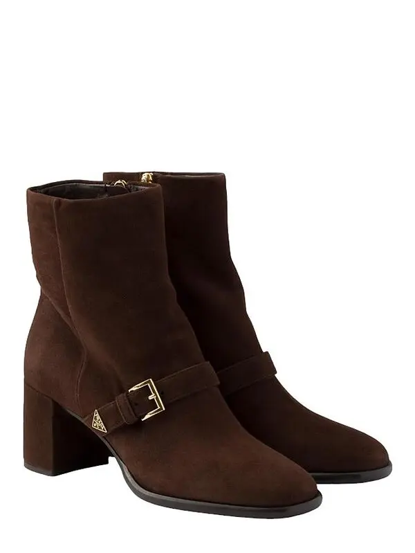 Prada Suede Buckled Ankle Boots - Brown