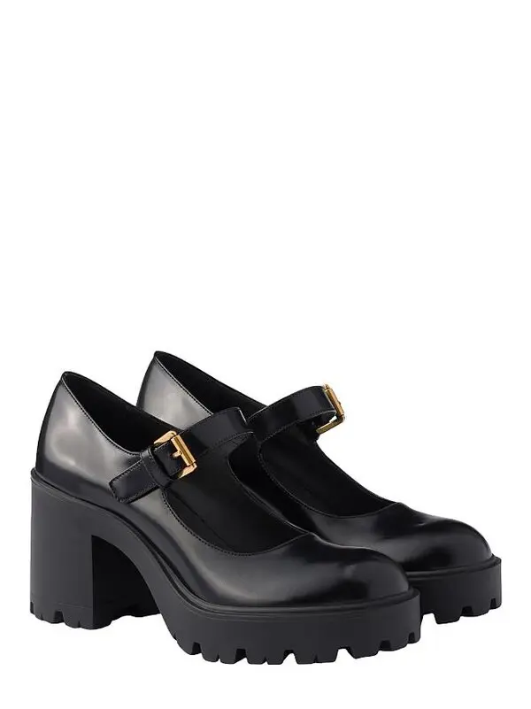 Prada Brushed Leather Mary Jane Pumps With Buckle Detail - Black